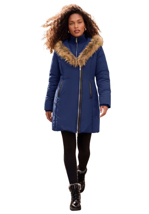 ROAMAN'S Double Layer Puffer Coat with Faux Fur Hood